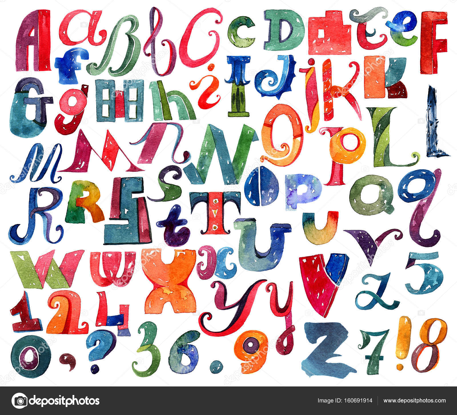 Colección grande de letras raster, dibujadas a mano con acuarela y ...