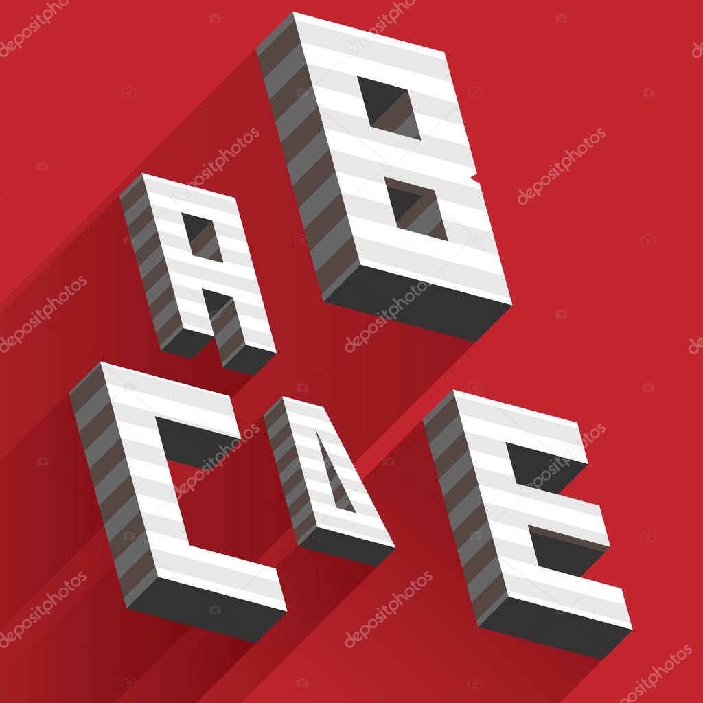 Letras isométricas A B C D E dibujadas con rayas y sombras caídas sobre ...
