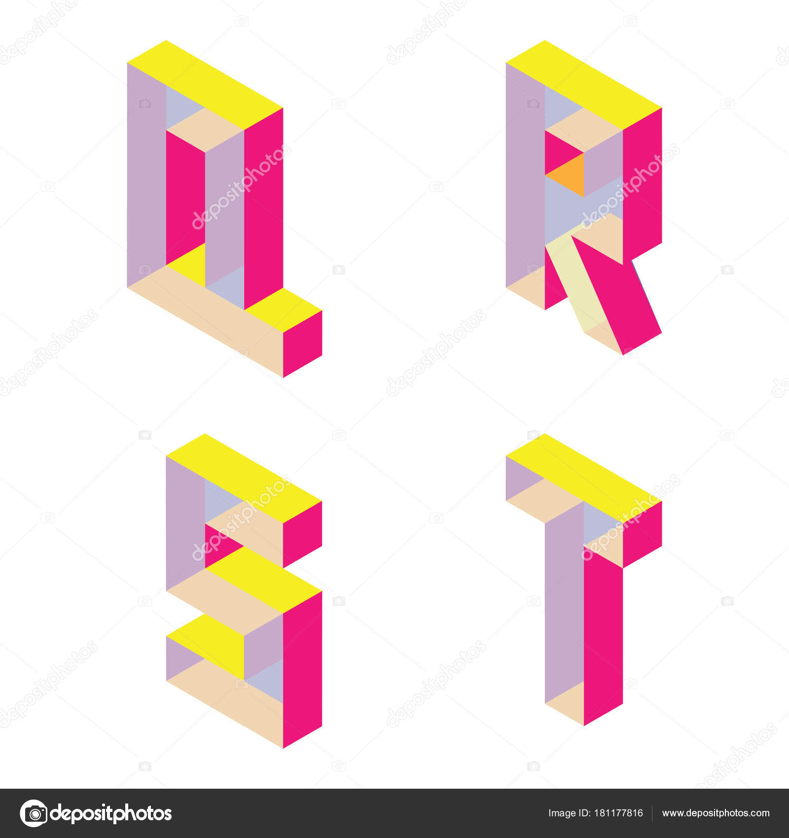 Bright isometric font with transparent parts. English letters Q R S T ...