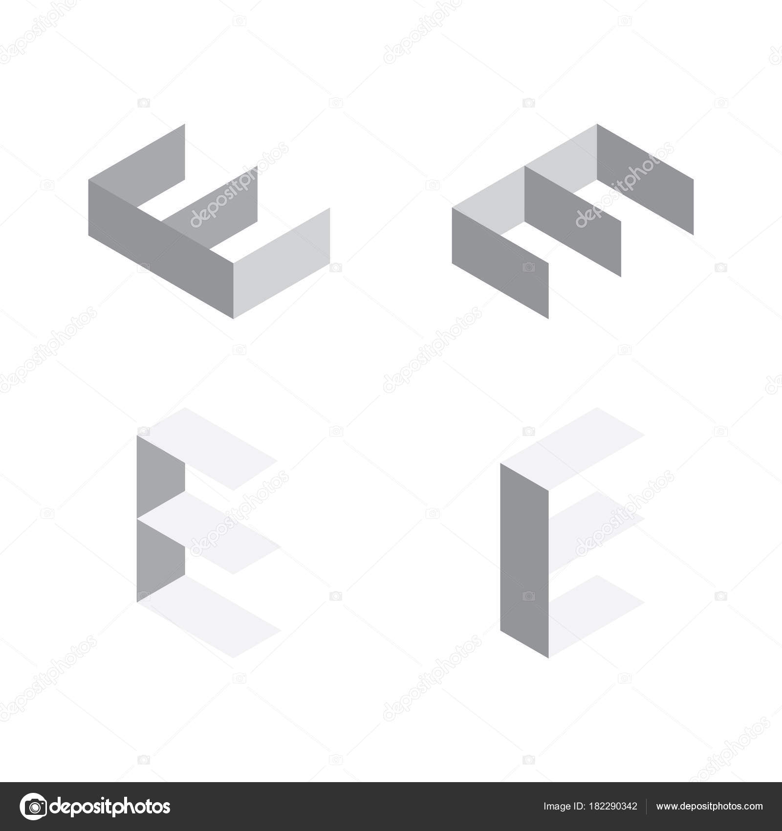 Vector isometric letters E in various foreshortening views. Edge ...