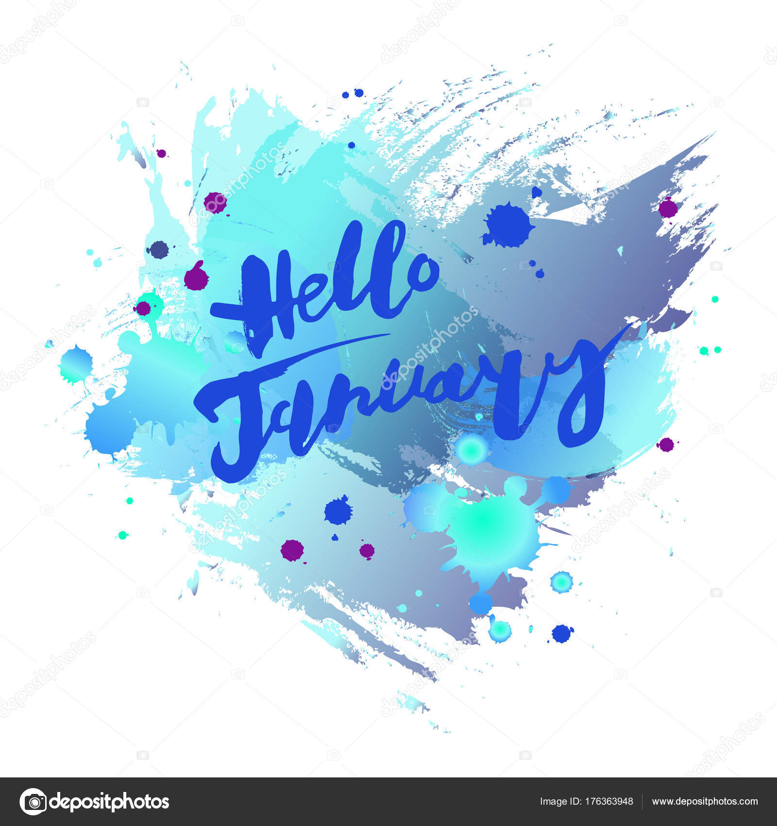 Handwritten Modern Lettering Hello January Watercolor Imitation Blue ...