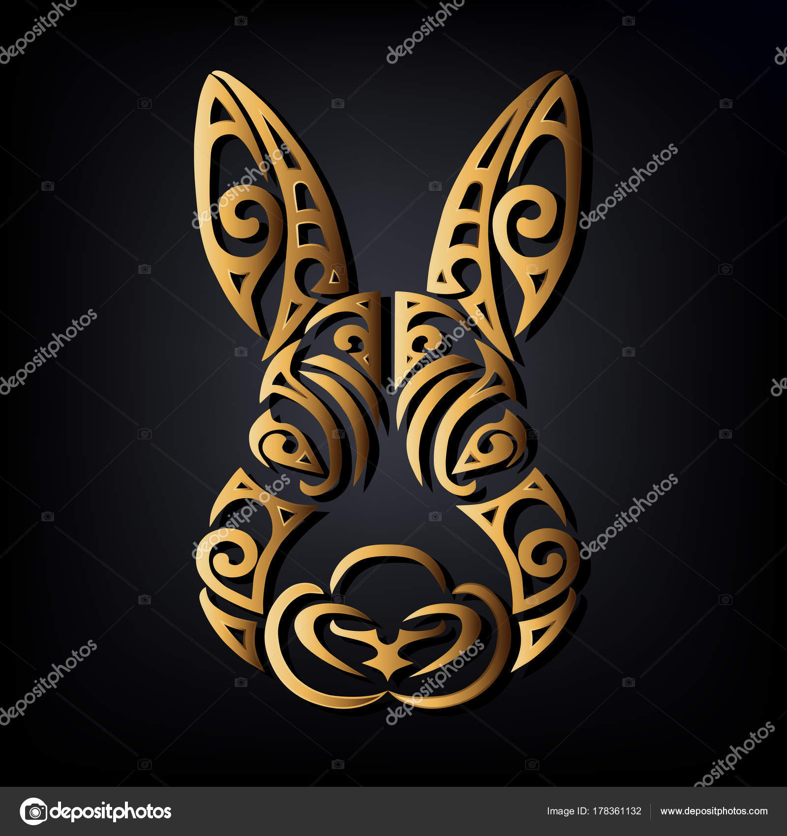Golden Rabbit Head Isolated Black Background Stylized Maori Face Tattoo ...