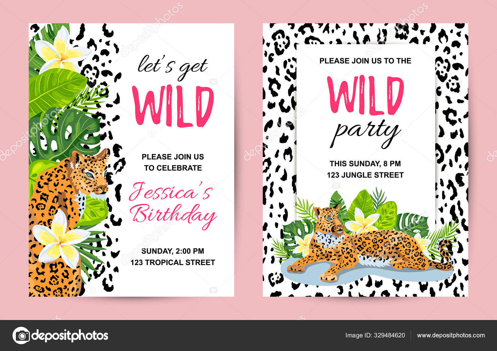 Leopard Tropical Leaves Flowers Wild Party Invitations Set Place Text ...