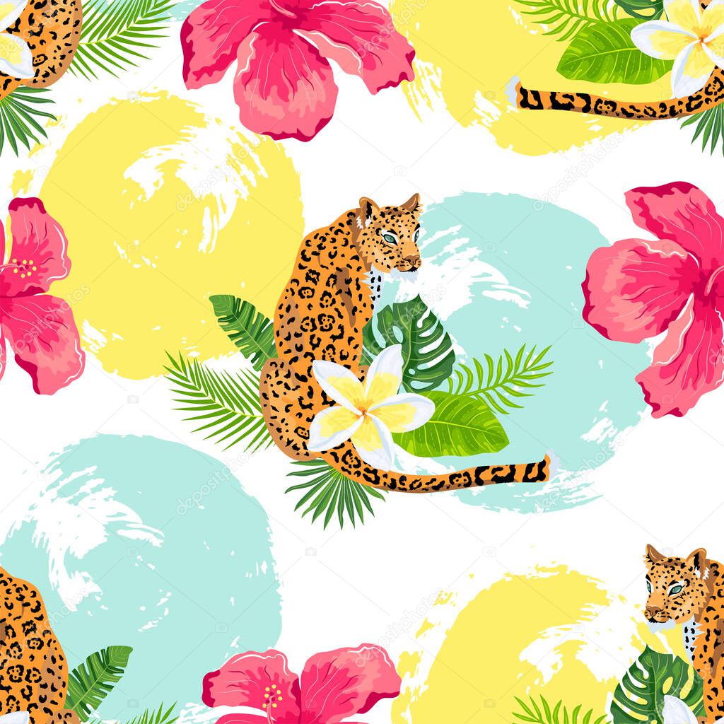 Patrón Sin Costuras Con Leopardos Hojas Tropicales Y Flores Redondos