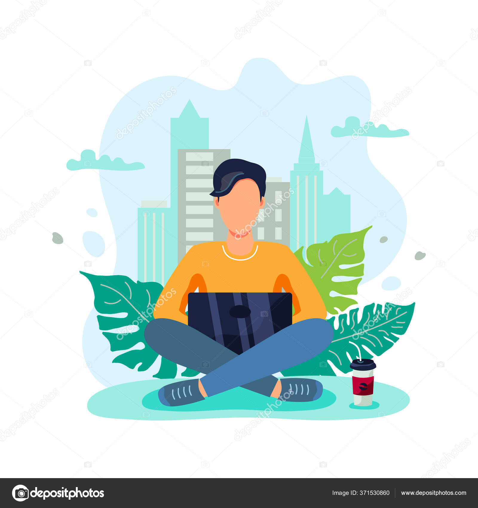 Person Sitting Urban View Background Working Laptop Flat Cartoon Style ...
