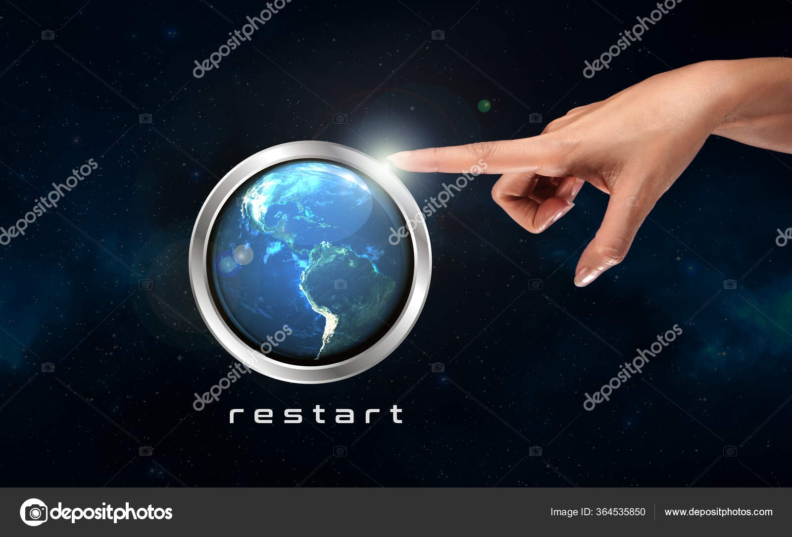 Woman's Finger Front Button Restart Planet Earth — Stock Photo ...