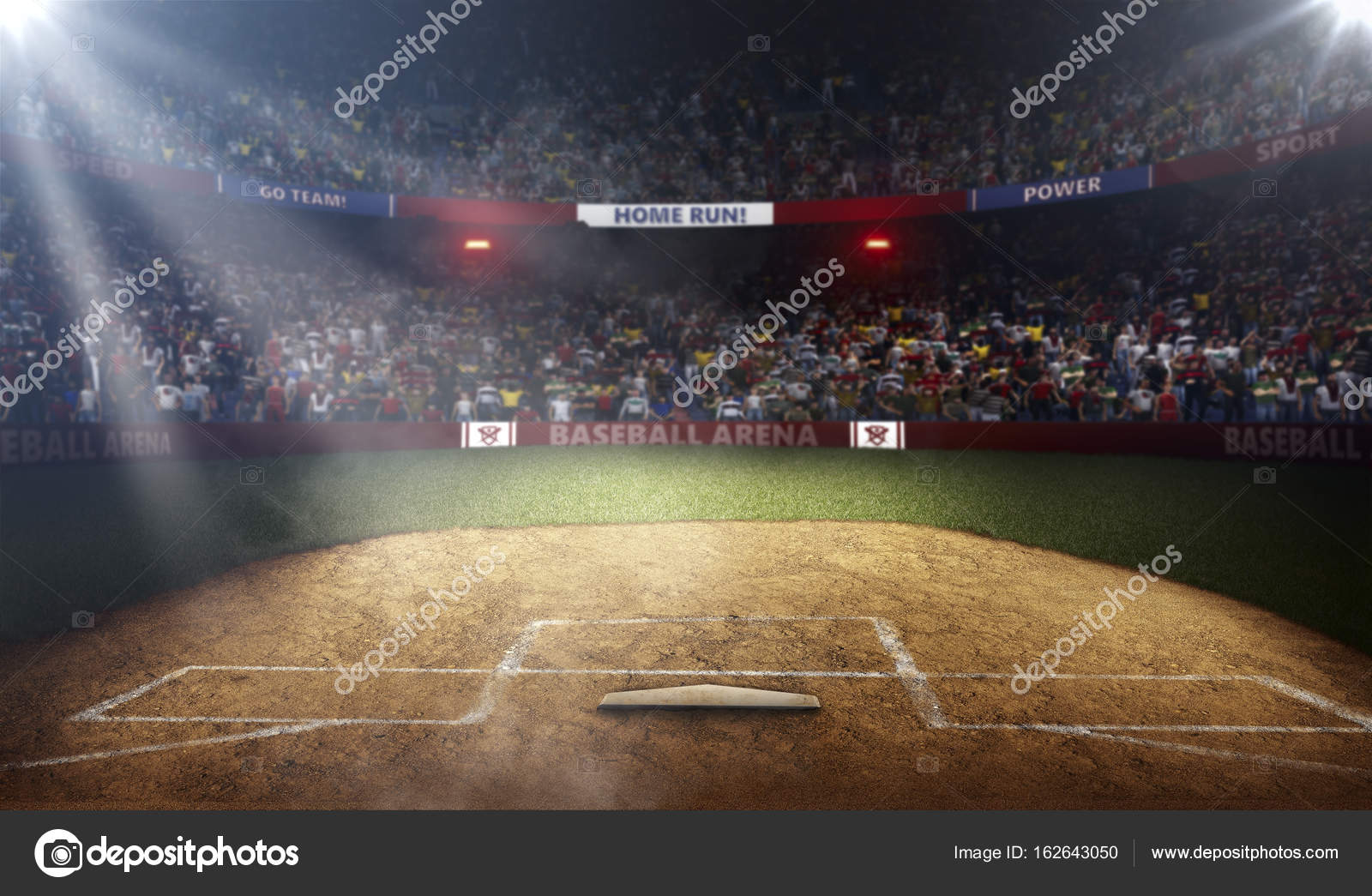 Vista lateral de la arena de béisbol profesional en luces 3D ...