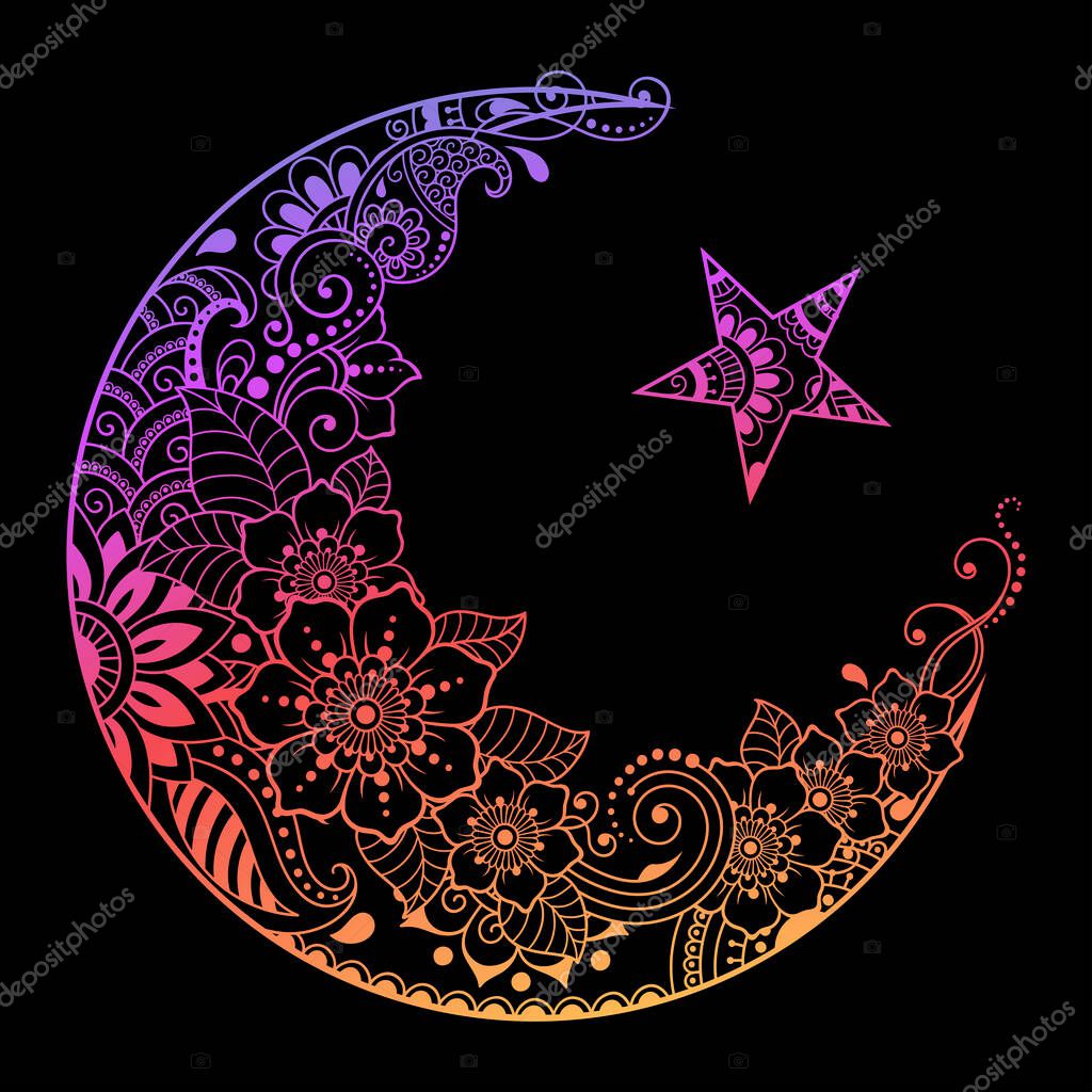 Religioso símbolo islámico de la Estrella y la Media Luna con flor en ...