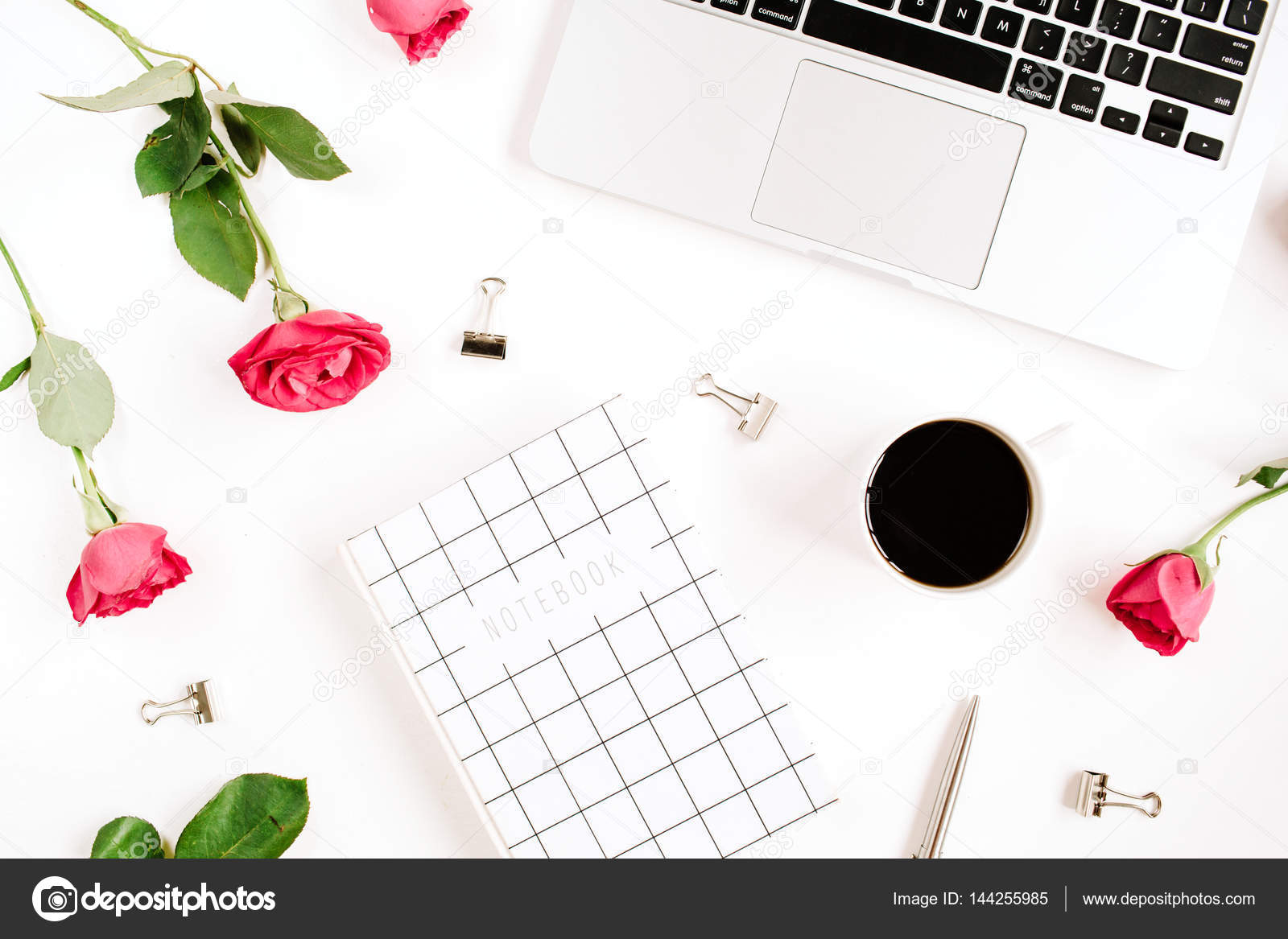 Workspace with laptop, red roses flowers, coffee cup Stock Photo by ...