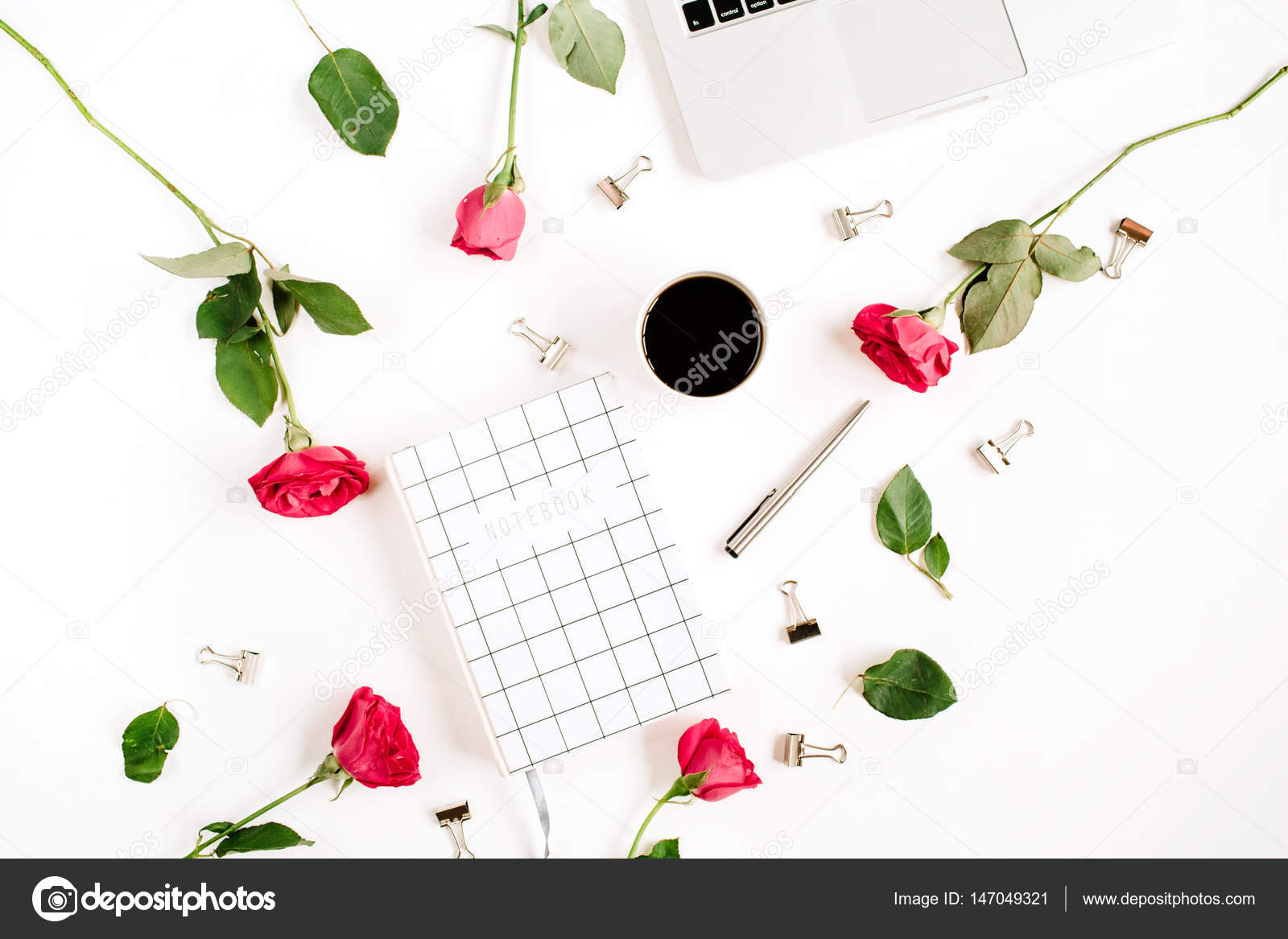 Workspace with laptop, red roses flowers, coffee cup Stock Photo by ...