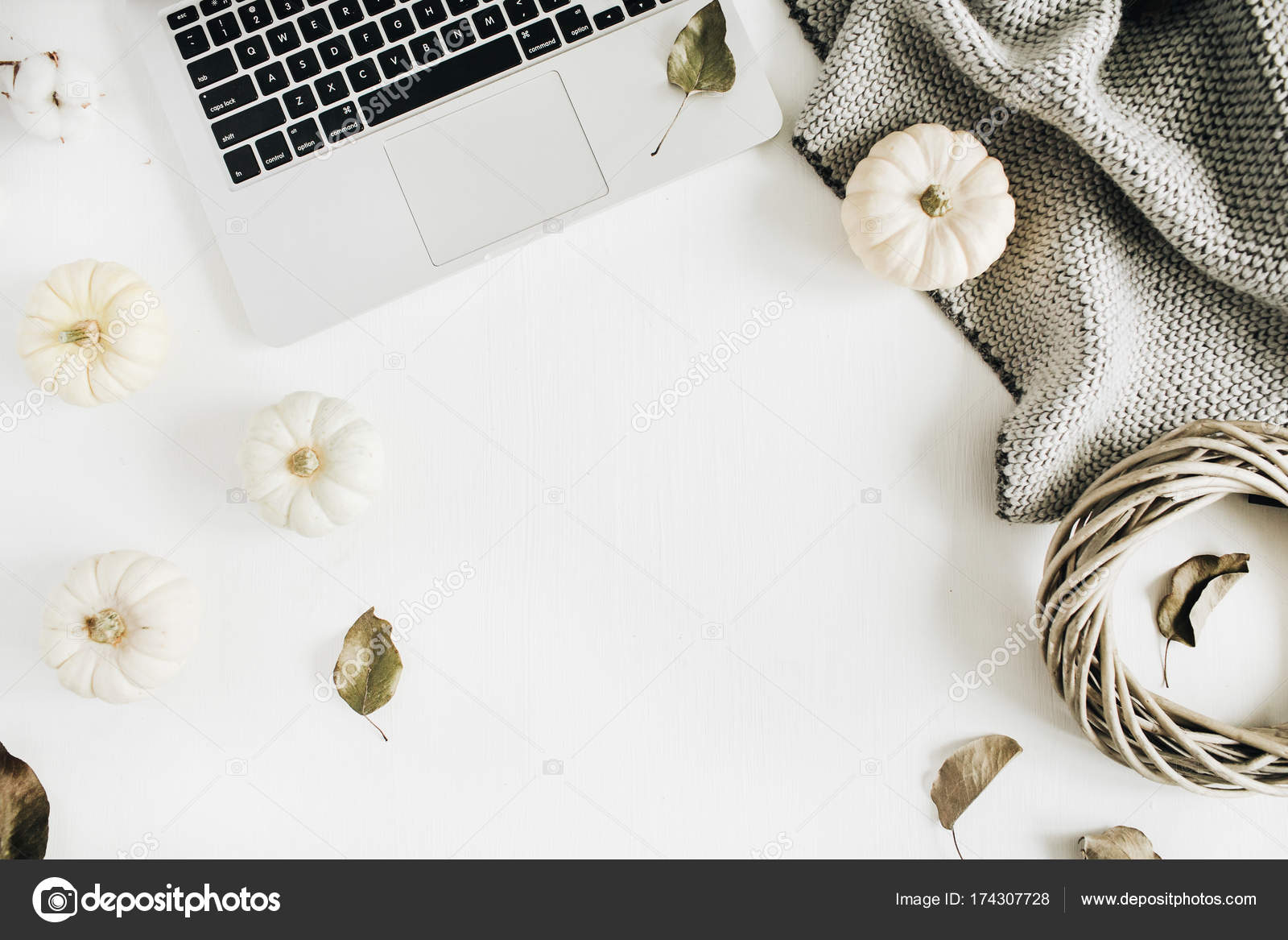 Flat Lay Home Office Desk Workspace Laptop White Pumpkins Cotton ...