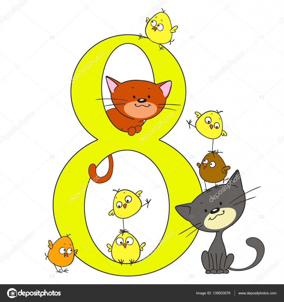 Número ocho. Fecha de felicitaciones. Aves y animales con números ...