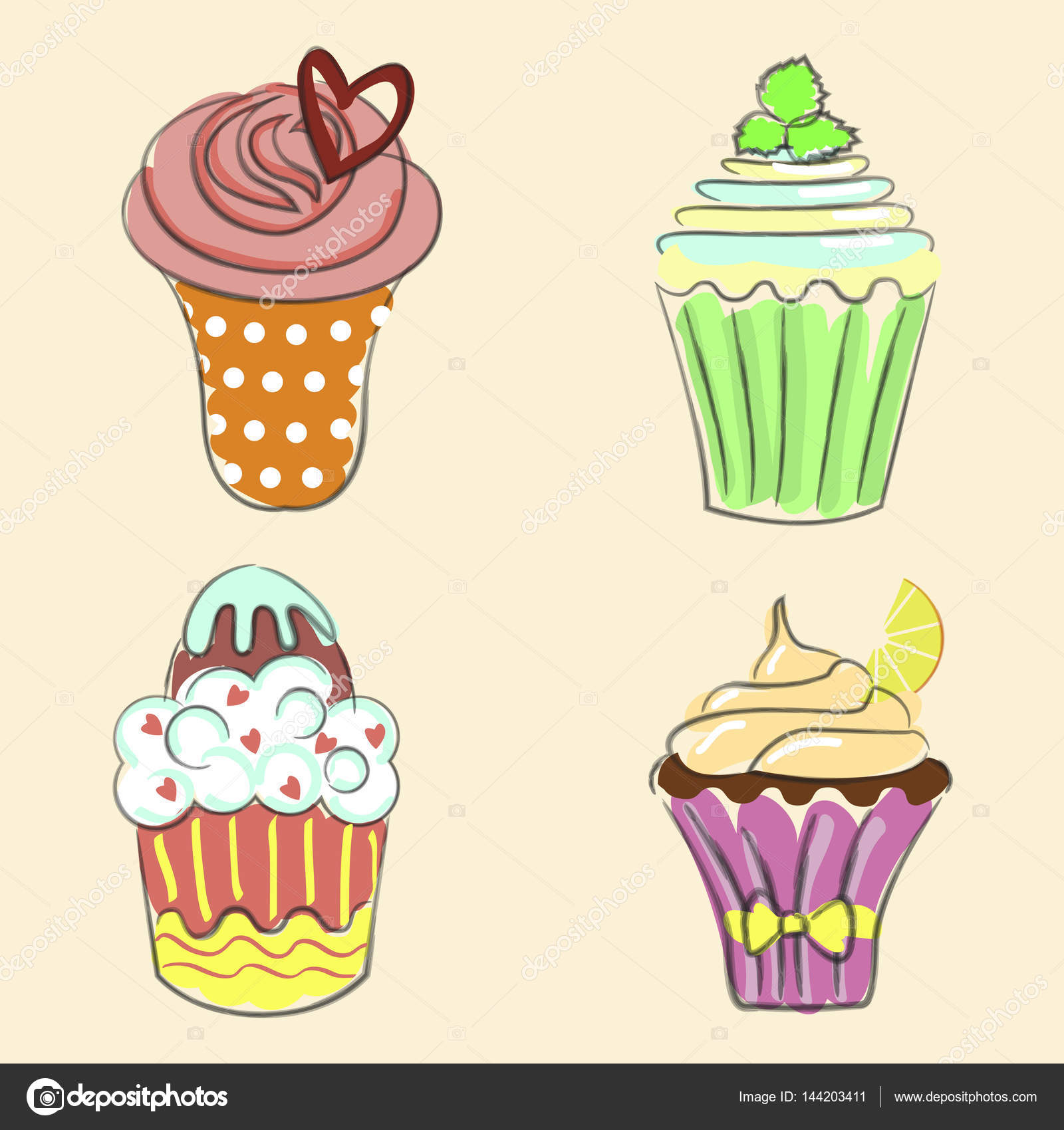 Collection of Hand drawn cupcakes — Free Stock Vector © tatianastulbo.gmail.com #144203411