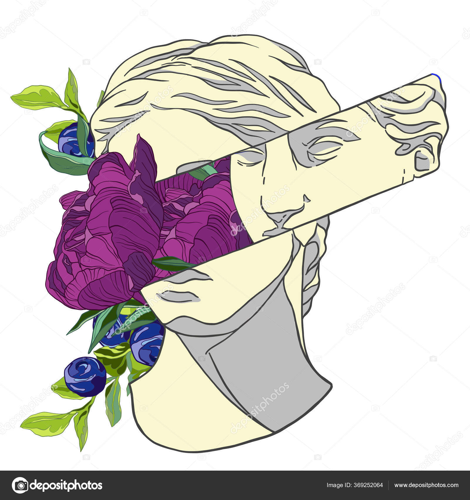 Antique Bust Peonies Blueberry Head Antique Statue Flowers Blueberry ...