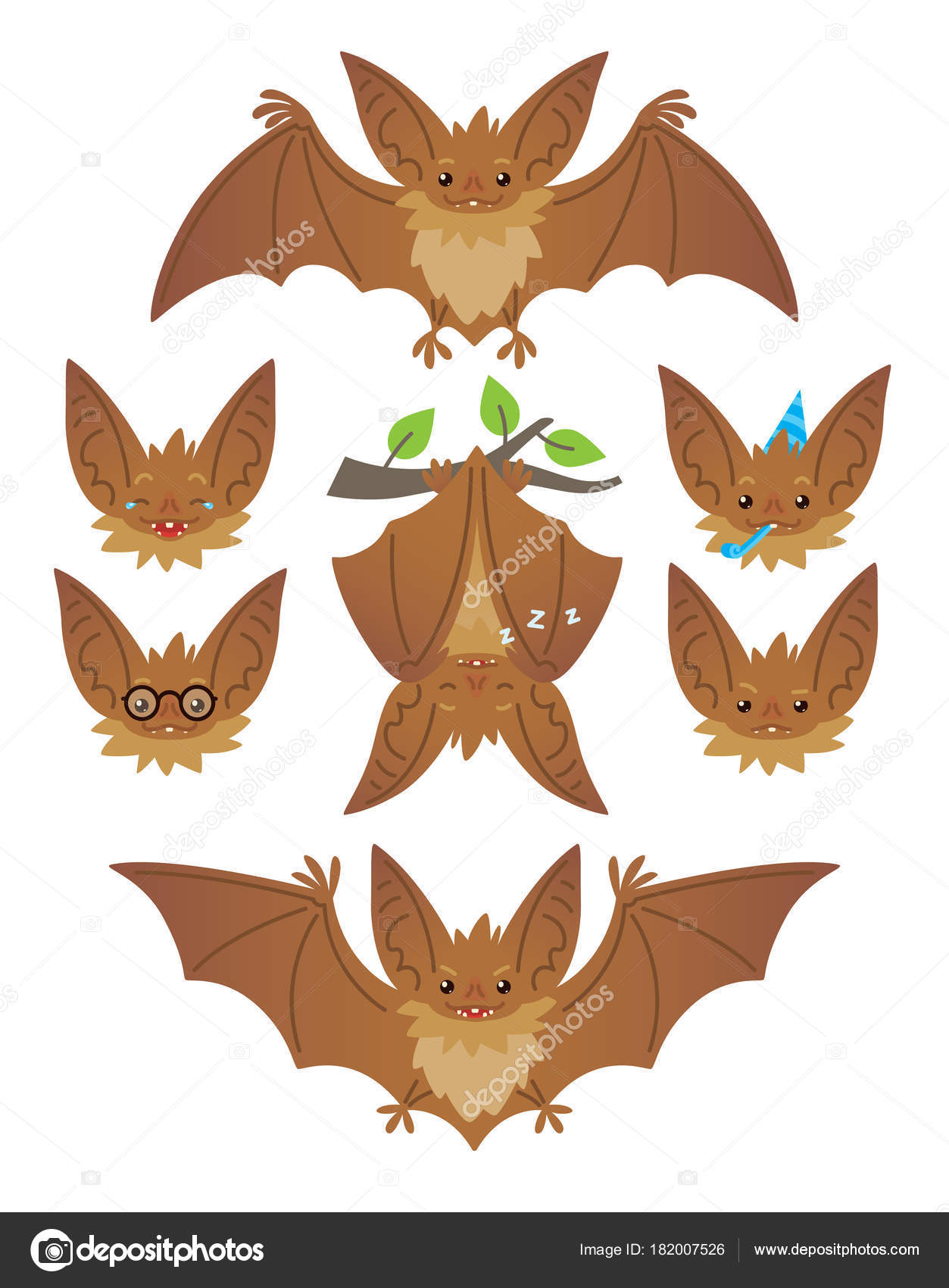 Bat in various poses. Flying, hanging. Brown bat-eared snouts with ...