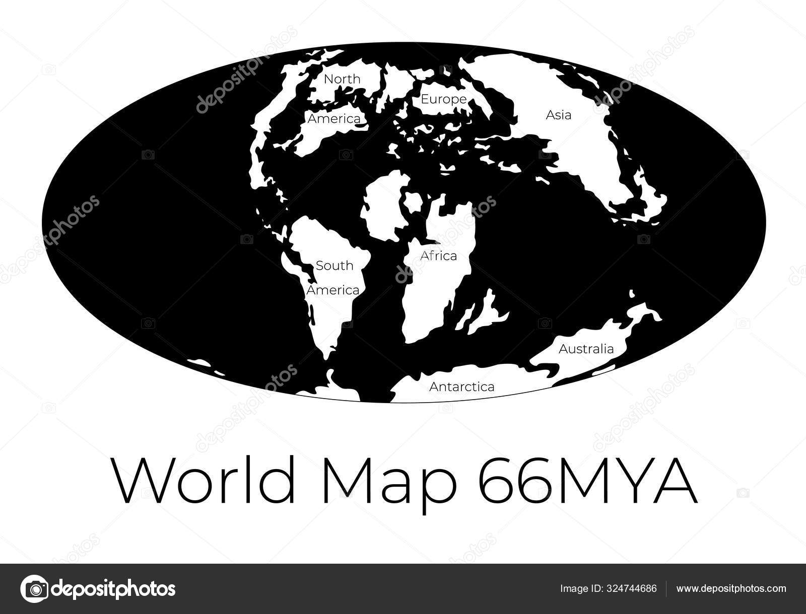 Map of the World 66MYA. Monochrome vector illustration of Worldmap with ...