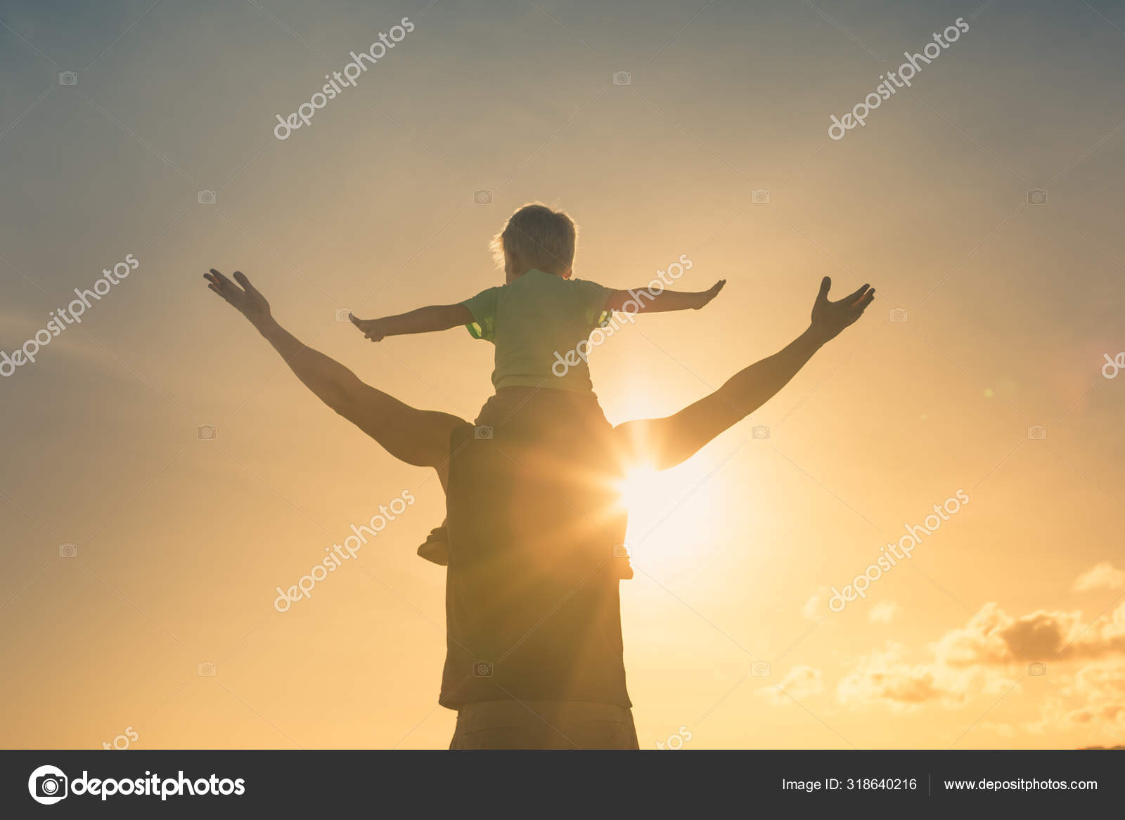 Happy Father Son Arms Outstretched Playing Together Sunset Sky Arms ...