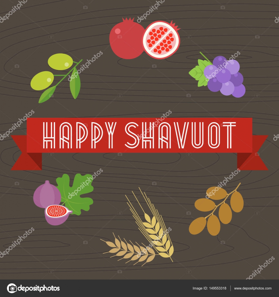 Happy shavuot headline on ribbon with 7 species and wooden background ...