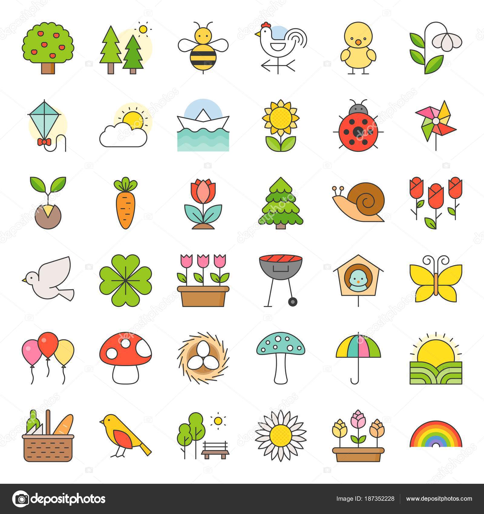 Picnic Nature Spring Icon Set Picnic Basket Floral Bird Rainbow Stock ...
