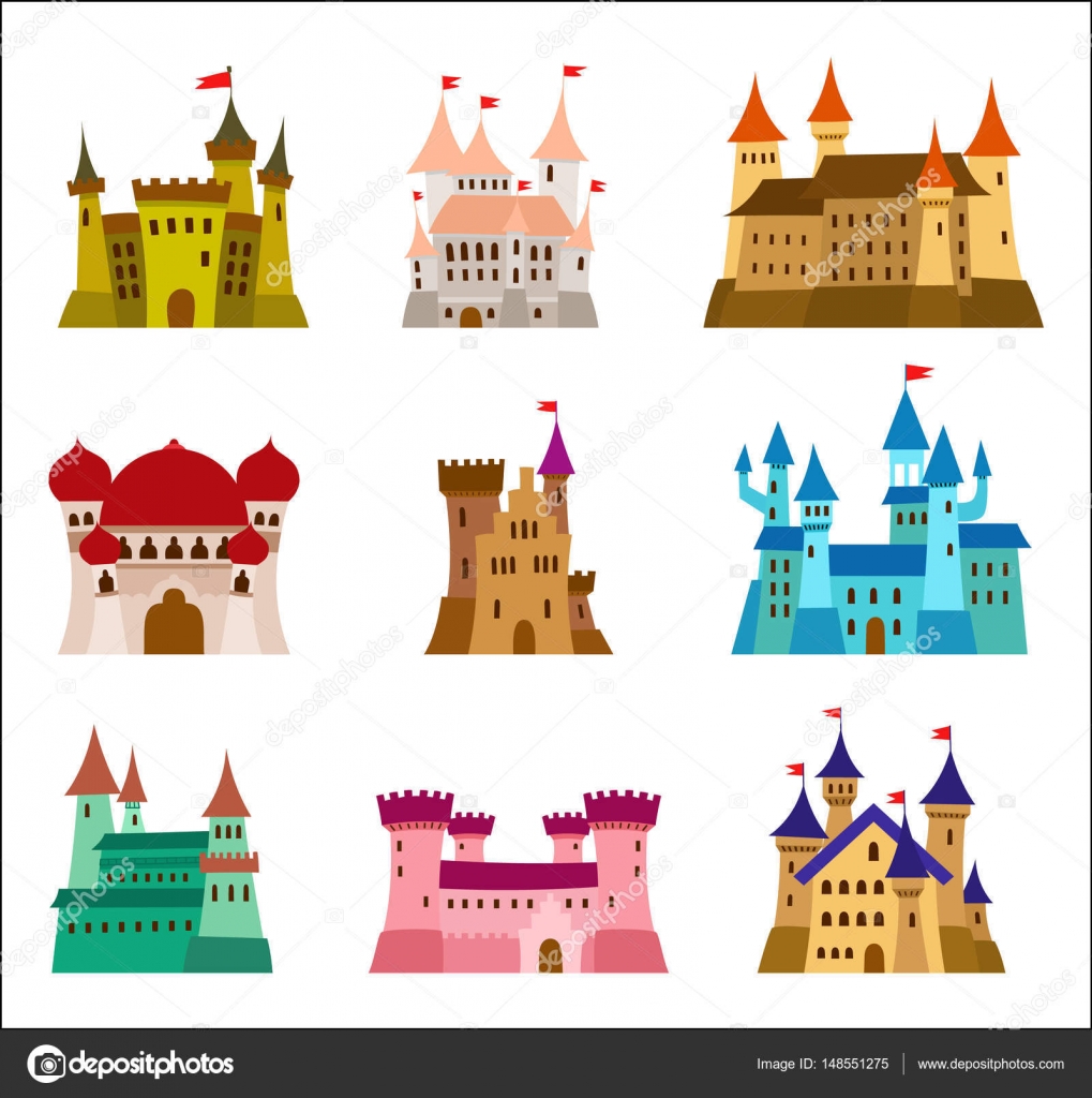 Castles and fortresses flat design vector icons. Set of illustrations ...