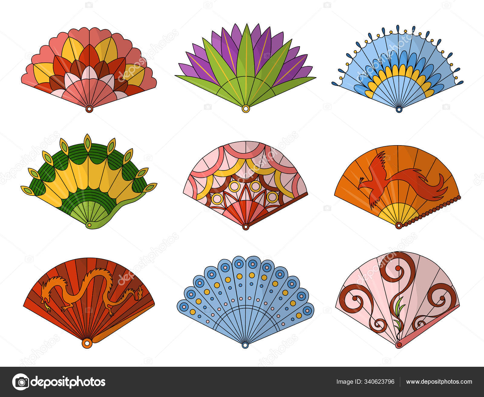 Asian fans. Colored hand traditional fan set isolated on white ...