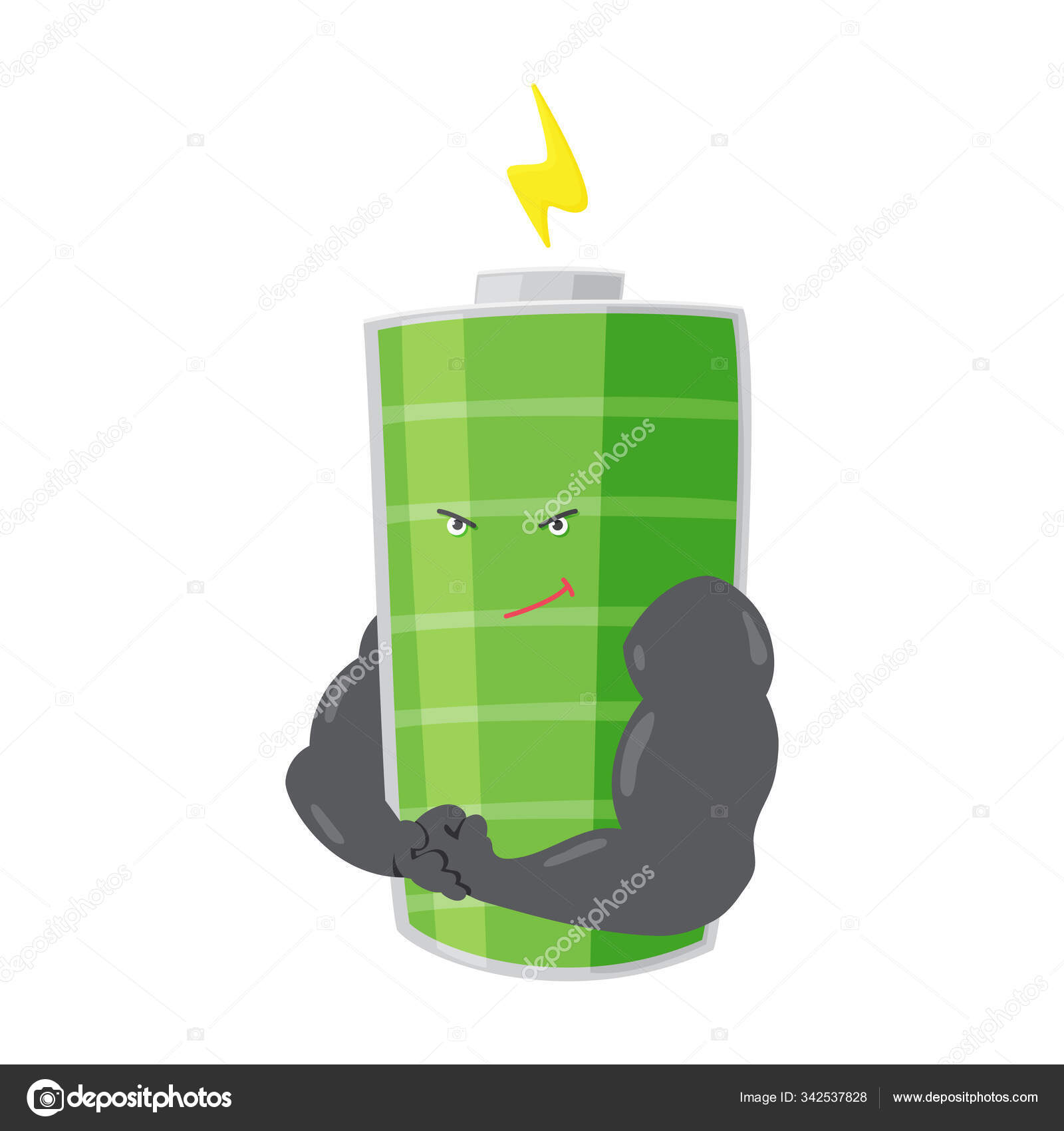 Strong battery man standing and shows his muscles. Charging indication ...