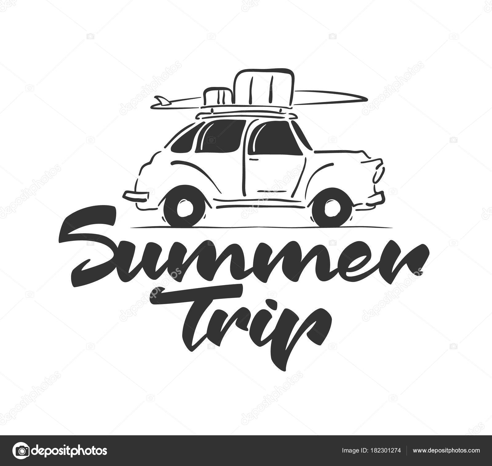 Hand drawn travel retro car with baggage and surfboard on the roof ...