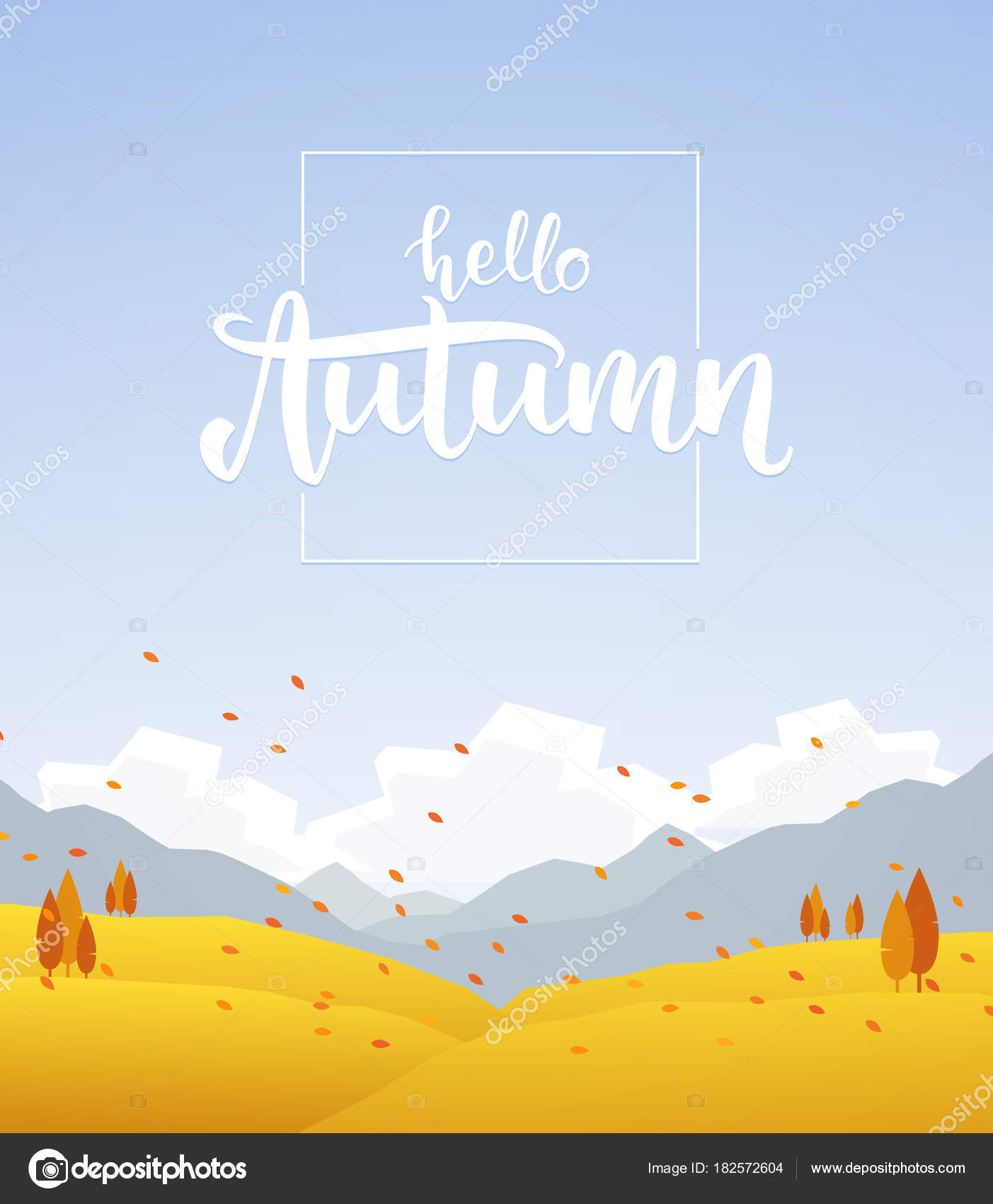 Fall hillside landscape with handwritten lettering of Hello Autumn ...