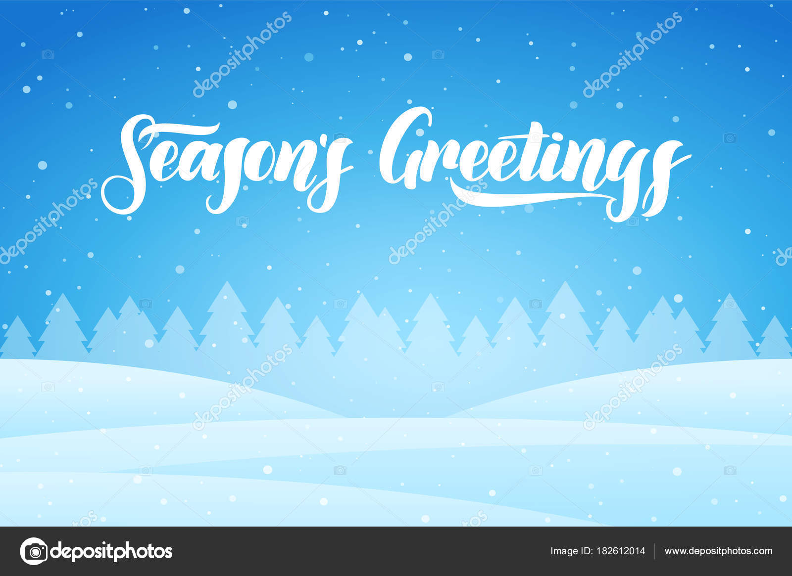 Snowy winter background with forest and handwritten lettering of ...
