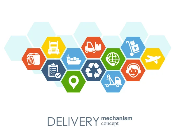 Delivery mechanism concept. Abstract background with connected gears ...