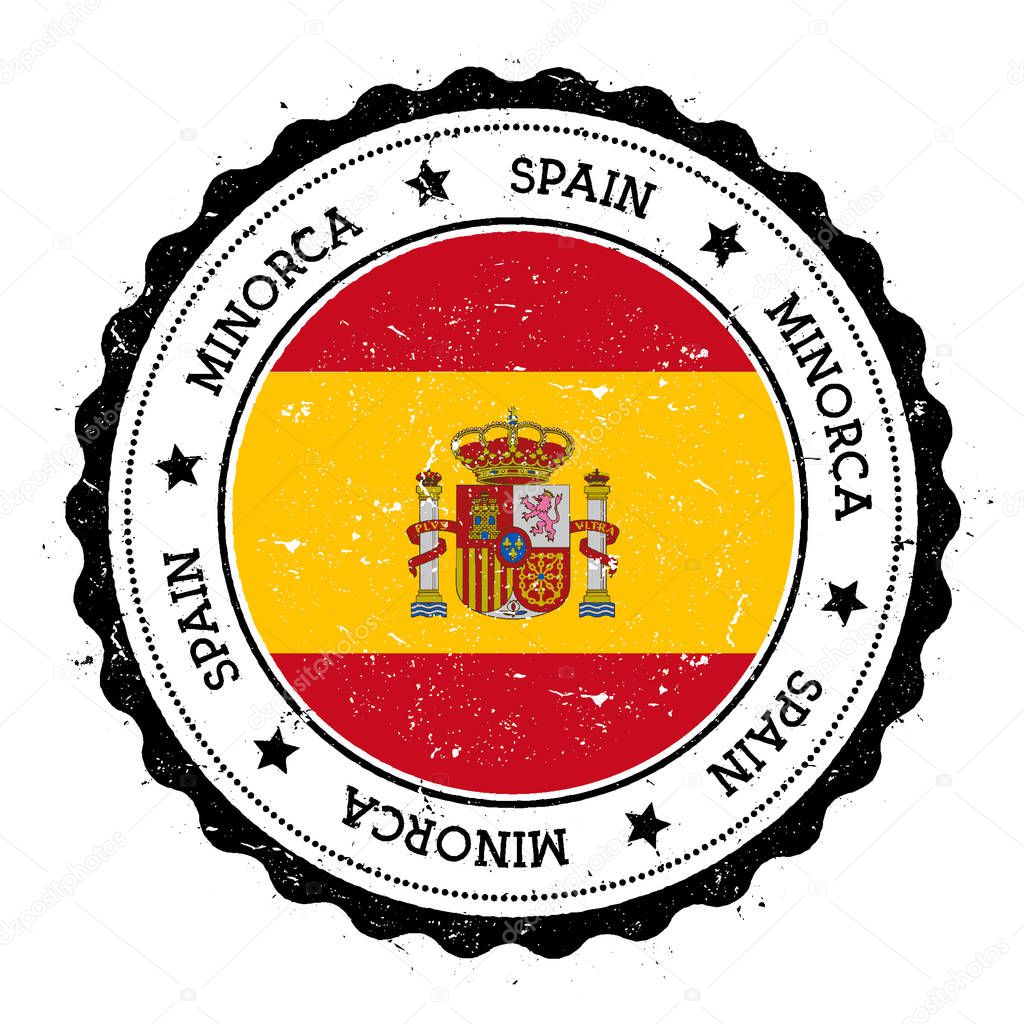 Insignia de la bandera de Menorca Sello de viaje vintage con estrellas ...