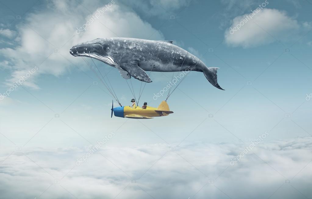 Whale with aircraft and two girls over clouds — Stock Photo ...