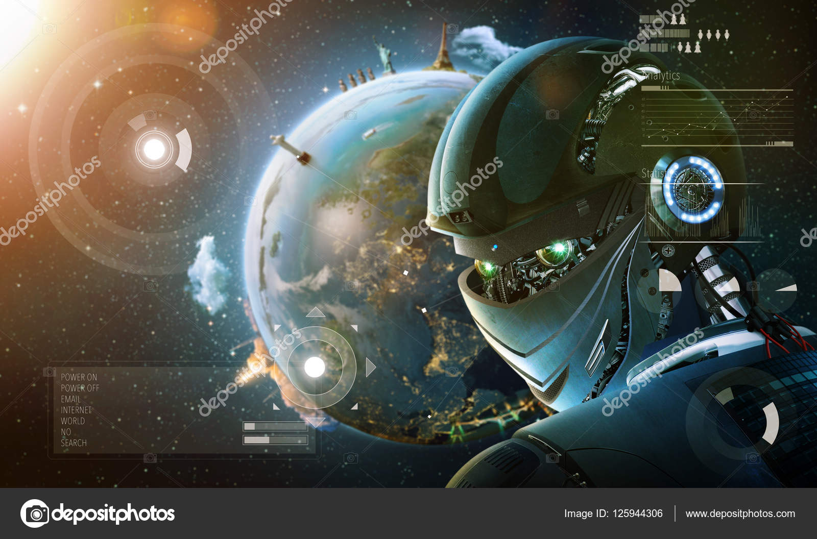 Robot with planet Earth background Stock Photo by ©jamesteohart 125944306