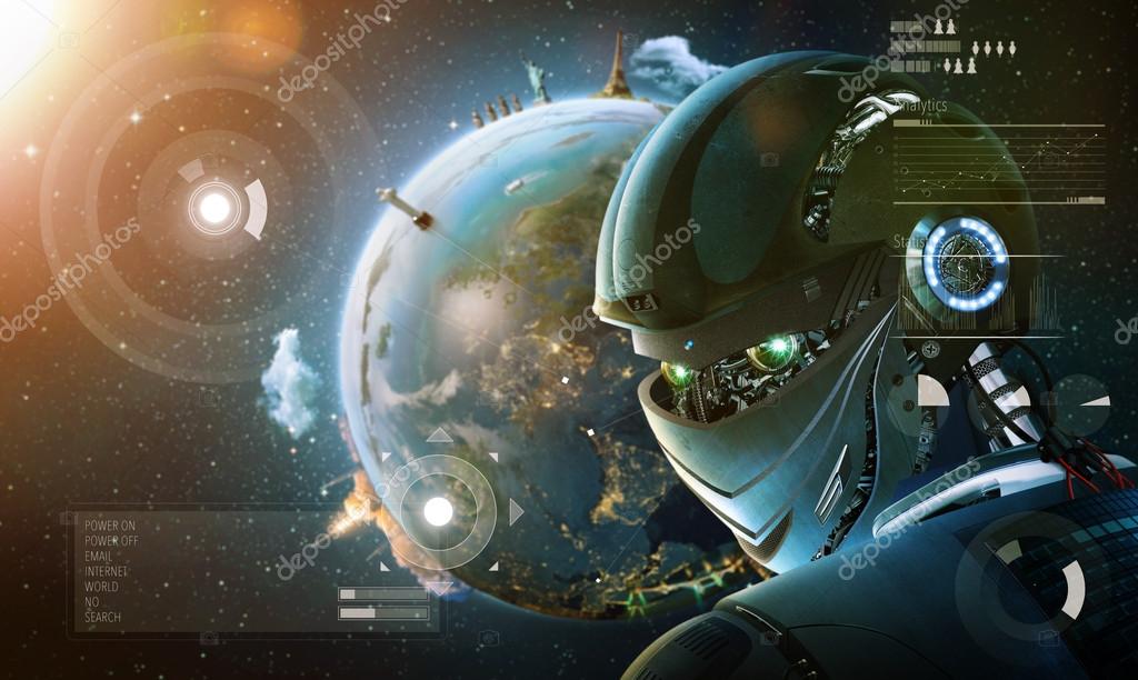 Robot with planet Earth background Stock Photo by ©jamesteohart 125944306