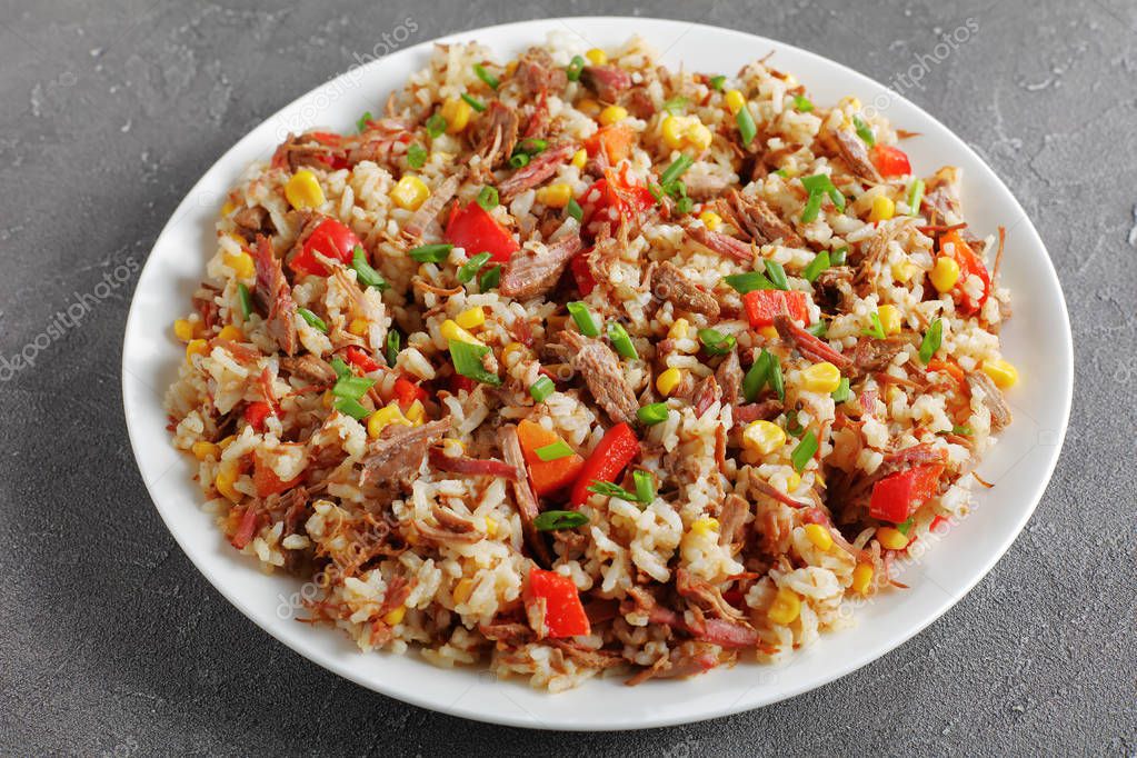 Shredded Beef mixed with rice and vegetables — Stock Photo ...