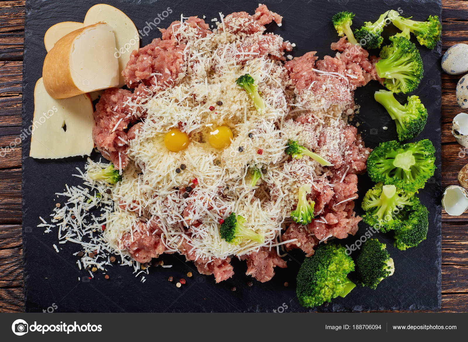 Forcemeat, broccoli, cheese, eggs, spices mixture ⬇ Stock Photo, Image ...