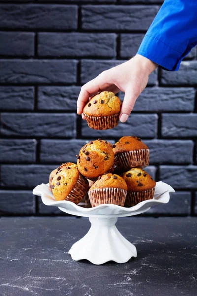 a woman is taking a muffin from a pile of chocolate chip muffins served ...