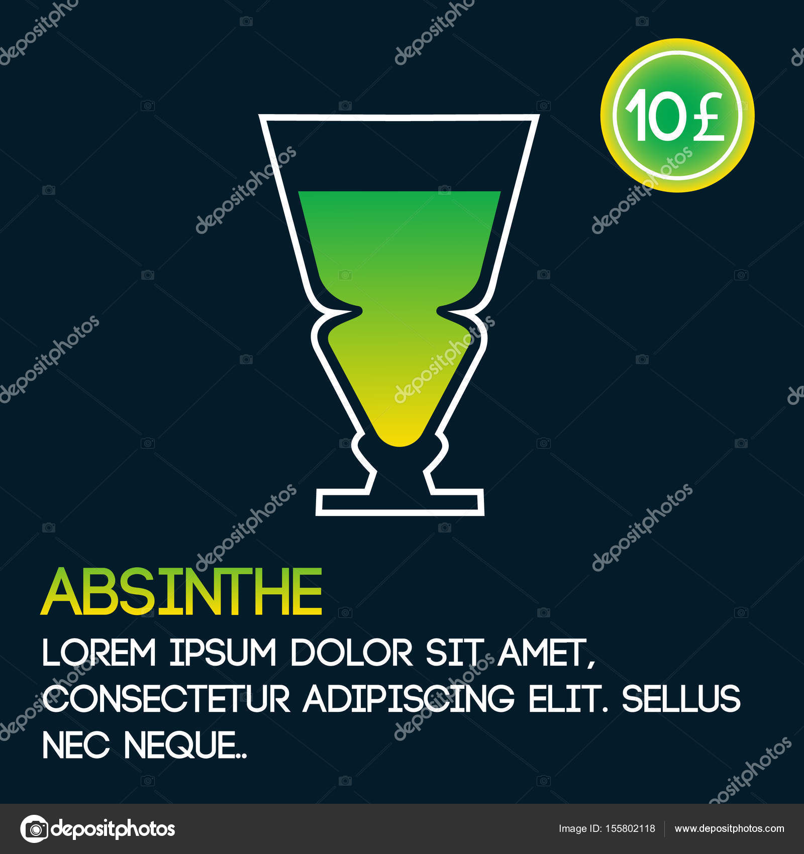 Absinthe cocktail card template with price and flat background. Stock ...