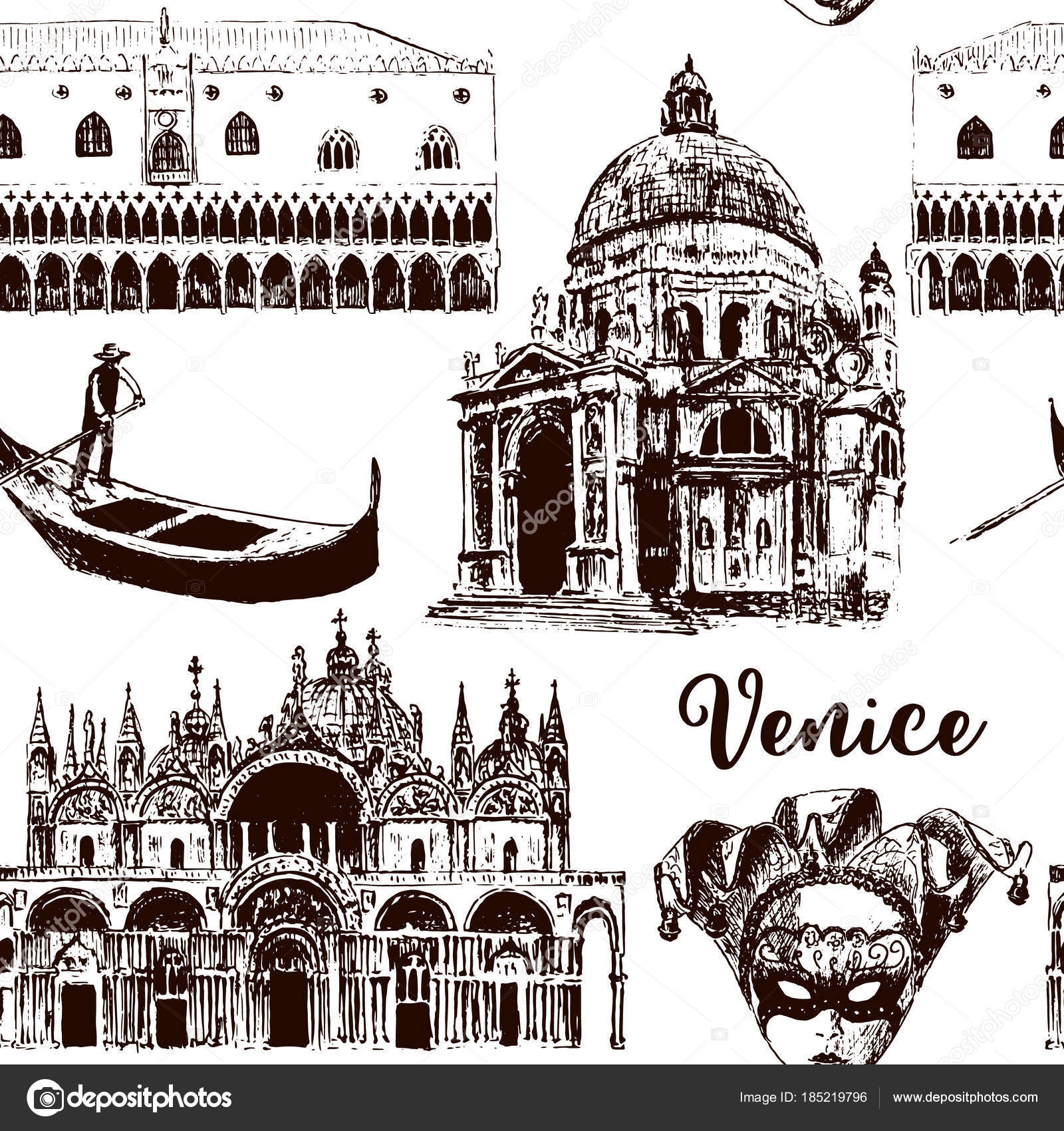 Venice architectural symbols seamless pattern vector set: Carnival mask ...