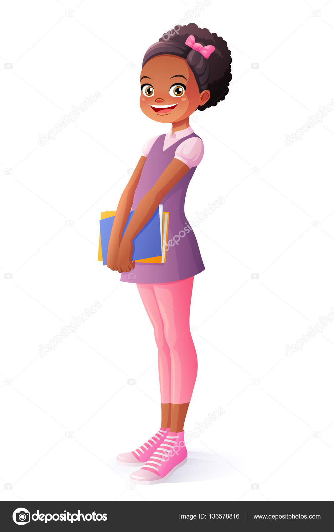 Vector African smiling young school student girl standing with books ...