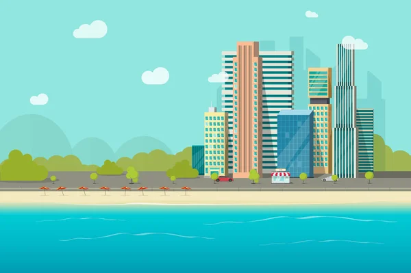 City buildings from sea beach view vector illustration, flat cartoon ...
