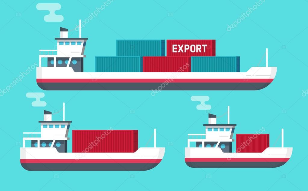 Buques de carga ilustración vectorial aislado, dibujos animados planos barcos de carga grandes o ...