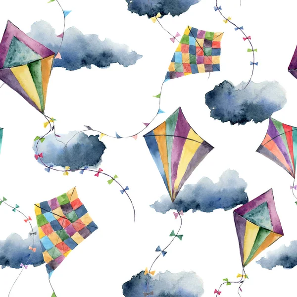 Watercolor kite air set. Hand painted vintage kite with clouds and ...