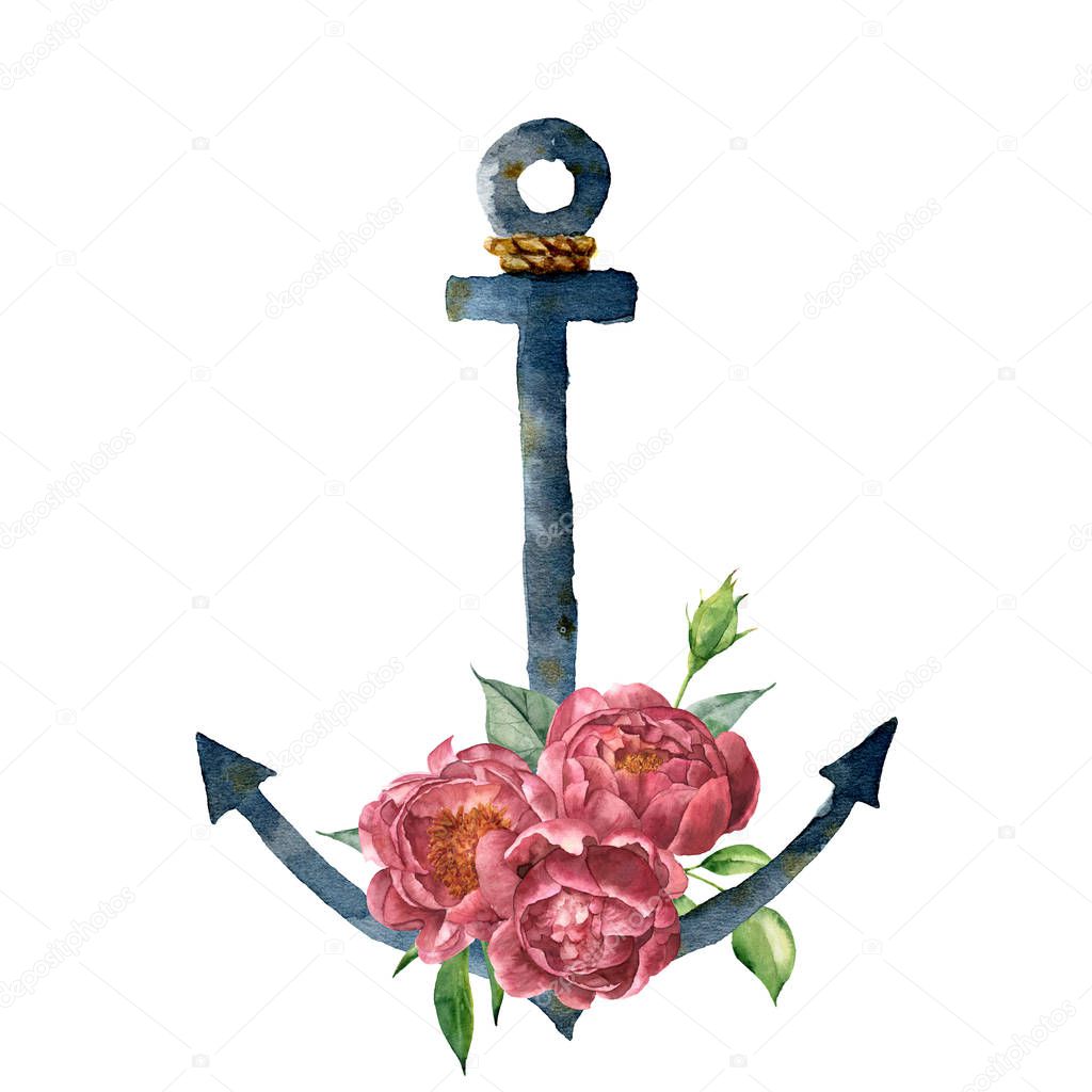 Watercolor vintage anchor with rope and peony flower. Hand painted ...