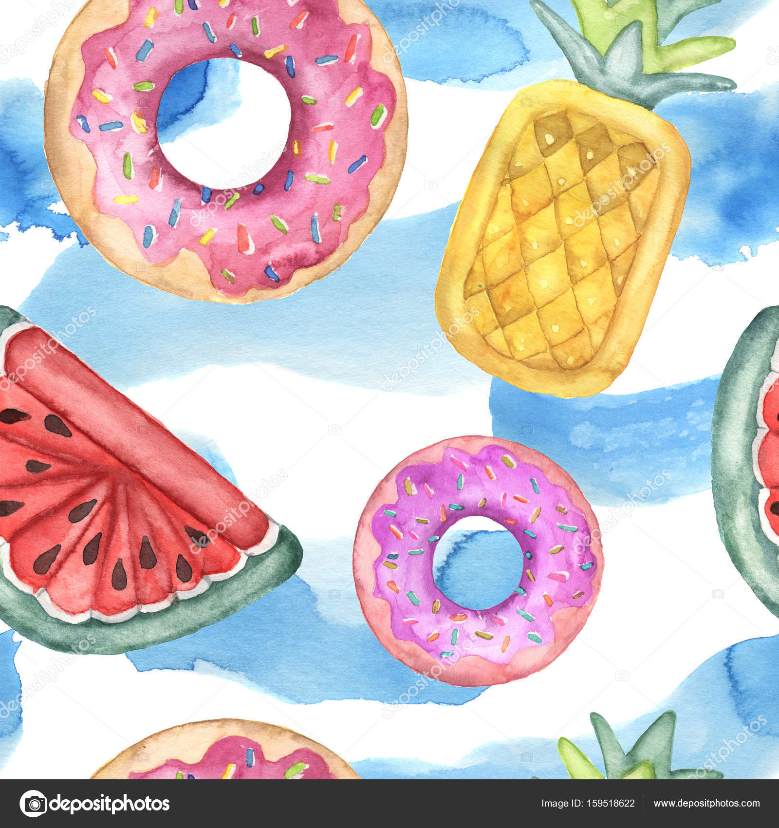 Watercolor seamless pattern with pool floats. Hand painted air toy and ...