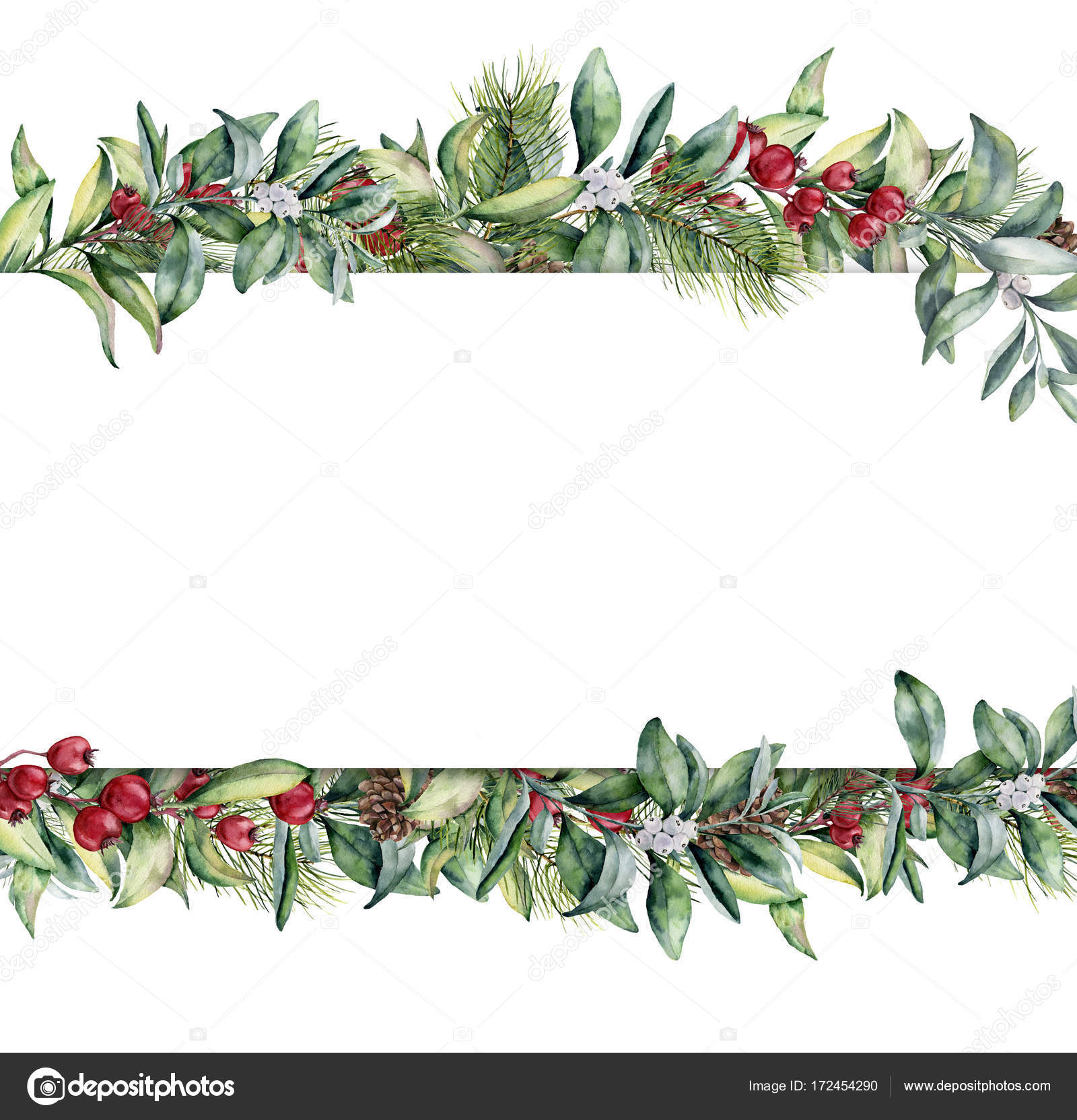 Watercolor Christmas floral banner. Hand painted floral garland with ...