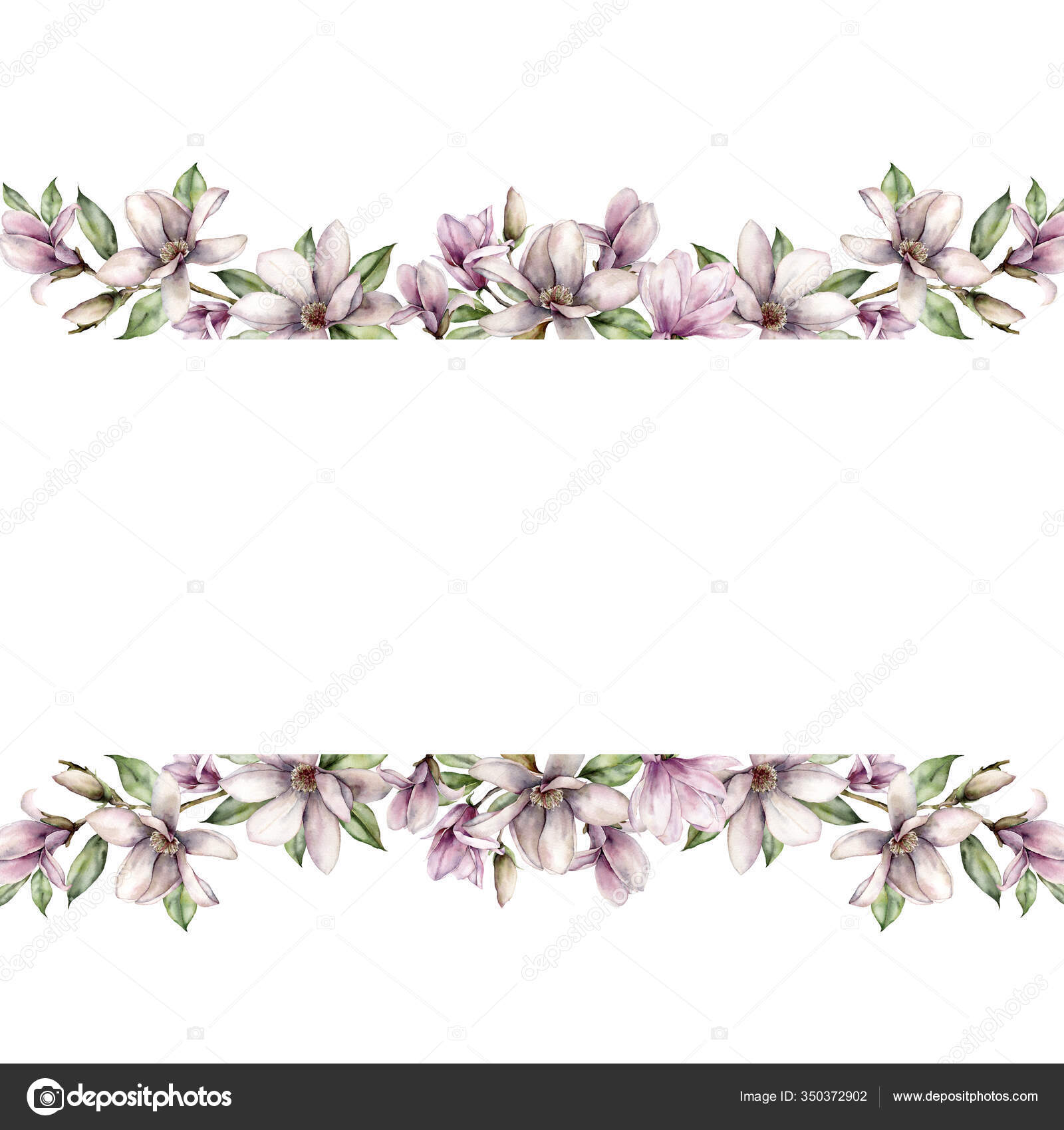 Watercolor rectangular border with magnolias, buds and leaves. Hand ...