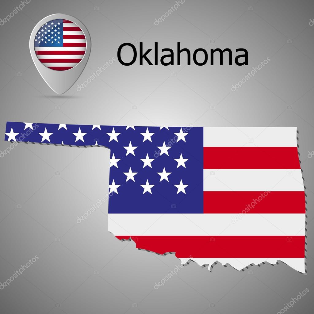 Map of the State of Oklahoma and American flag. Map pointer with ...