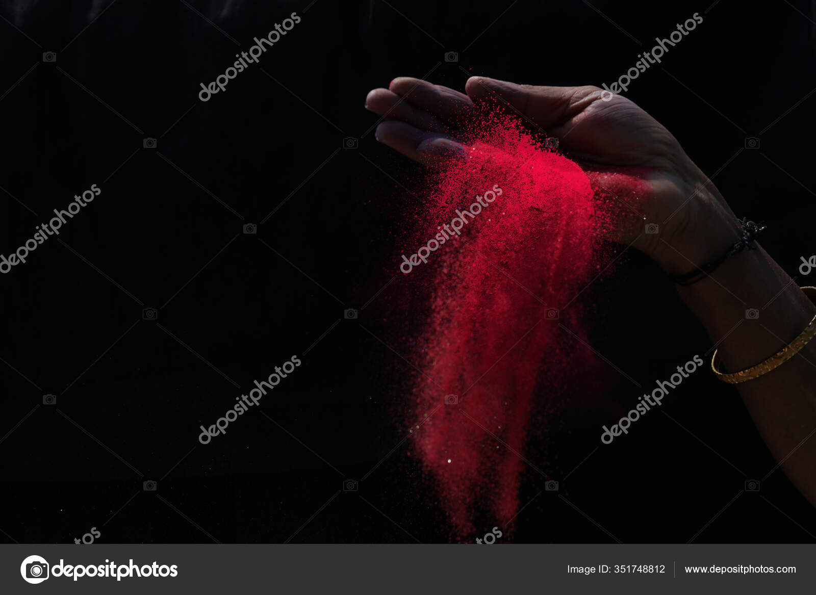 Closeup Hand Red Colour Holi Powder Splash Black Background — Stock ...