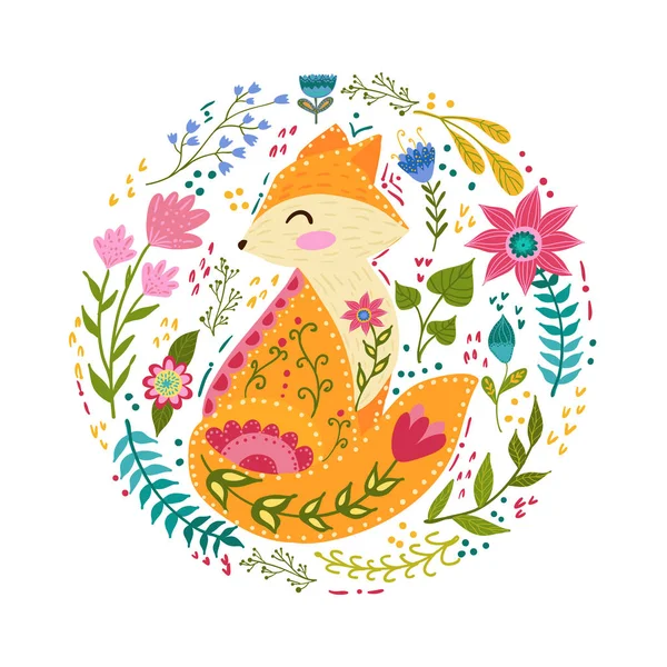 Folk set vector colorful illustration with beautiful fox and flowers ...